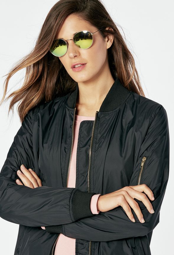 Long Bomber Jacket in Black - Get great deals at JustFab
