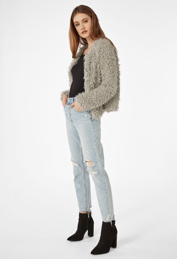 Open Front Faux Fur Jacket in Gray - Get great deals at JustFab