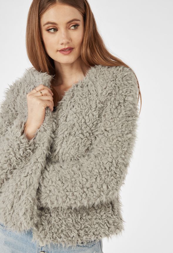 Open Front Faux Fur Jacket in Gray - Get great deals at JustFab