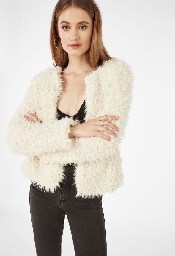 Open Front Faux Fur Jacket in Cream - Get great deals at JustFab
