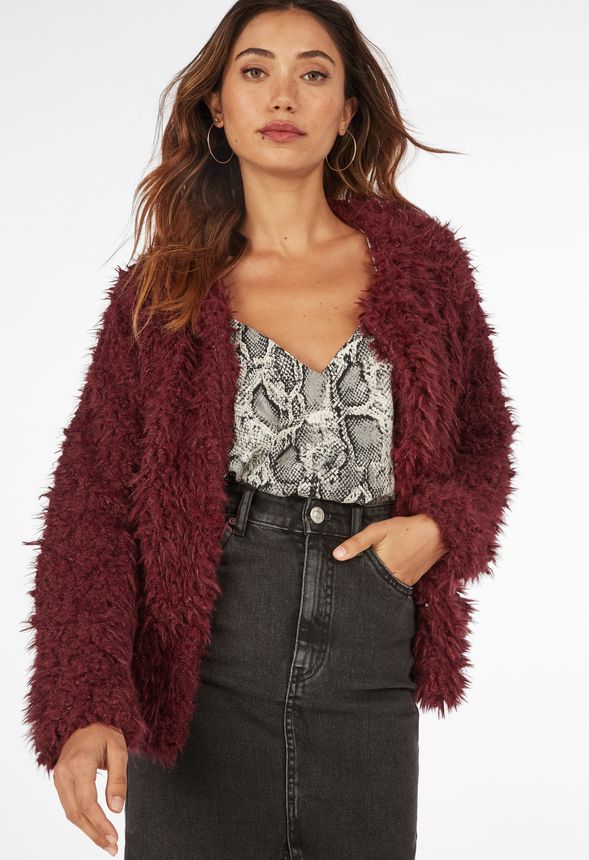 Open Front Faux Fur Jacket in PORT - Get great deals at JustFab