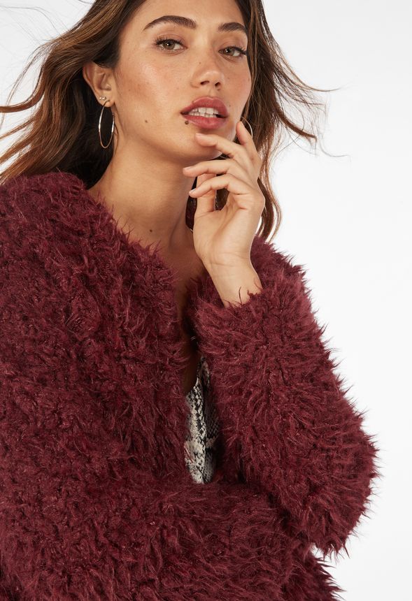 Open Front Faux Fur Jacket in PORT - Get great deals at JustFab