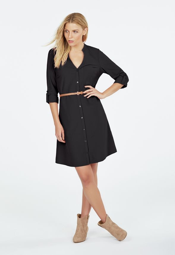 Faux Placket Shirt Dress in Black - Get great deals at JustFab