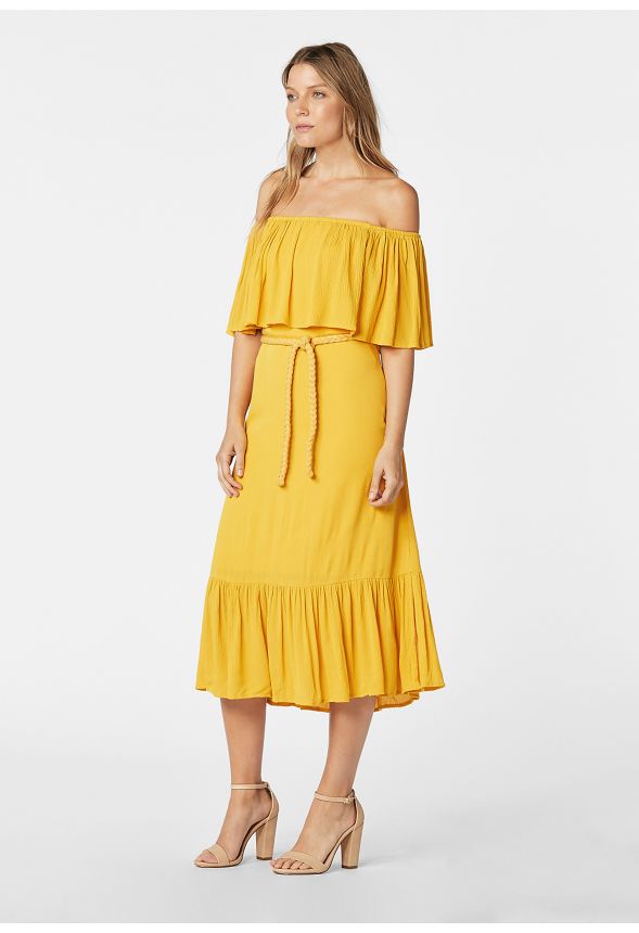 Ruffle Off Shoulder Dress in Golden Yellow - Get great deals at JustFab
