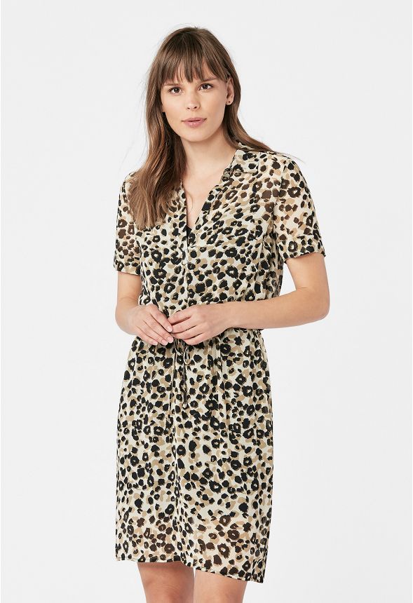 Short Sleeve Shirt Dress in Natural Leopard - Get great deals at JustFab