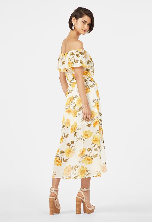 Off Shoulder Midi Dress in WHITE MULTI - Get great deals at JustFab