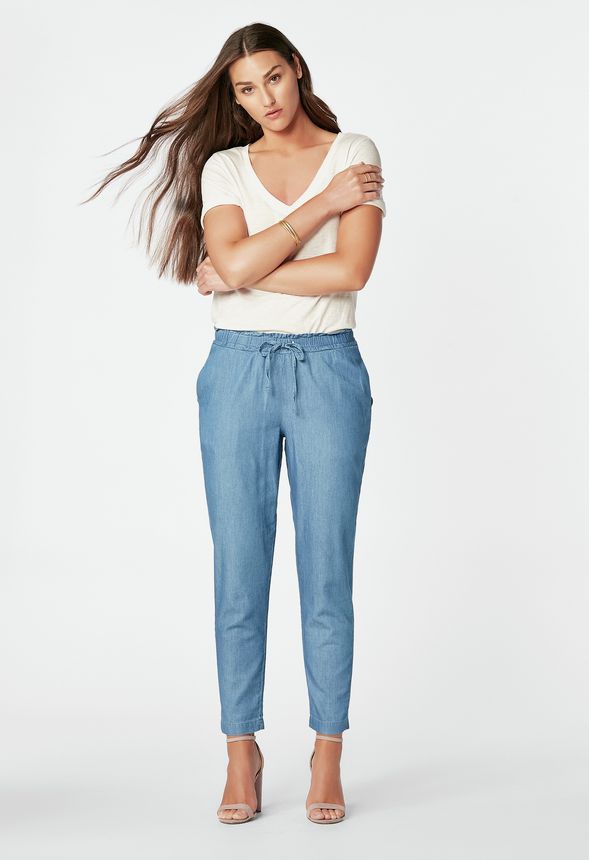Tie Front Chambray Pant in Blue Bell - Get great deals at JustFab