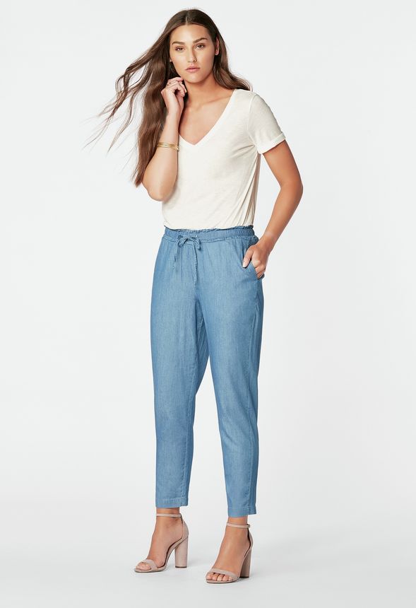 Tie Front Chambray Pant in Blue Bell - Get great deals at JustFab