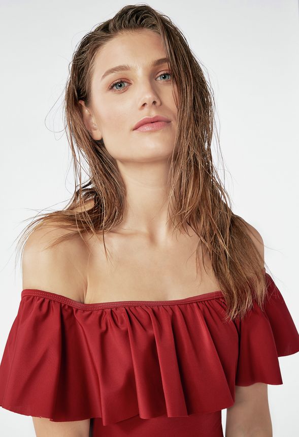 Off Shoulder Ruffle Swimsuit in Chili Pepper - Get great deals at JustFab