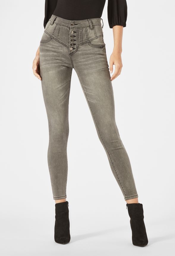 High Rise Button Front Skinny Jeans in Dark Grey - Get great deals at ...