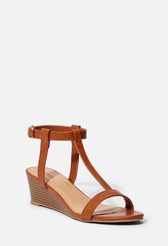 Iris T Strap Wedge Sandal In Cognac Get Great Deals At Justfab