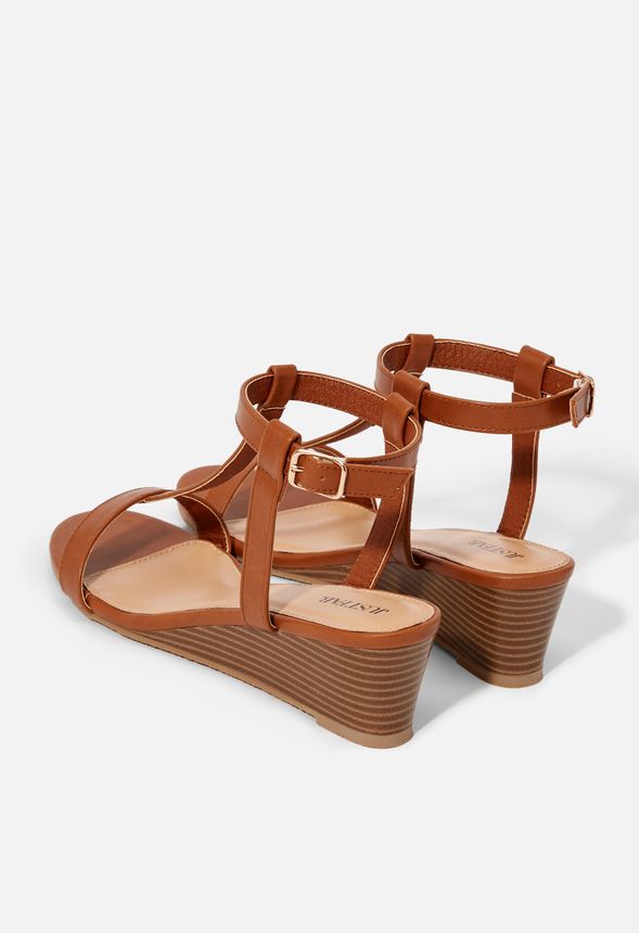 Iris T Strap Wedge Sandal In Cognac Get Great Deals At Justfab