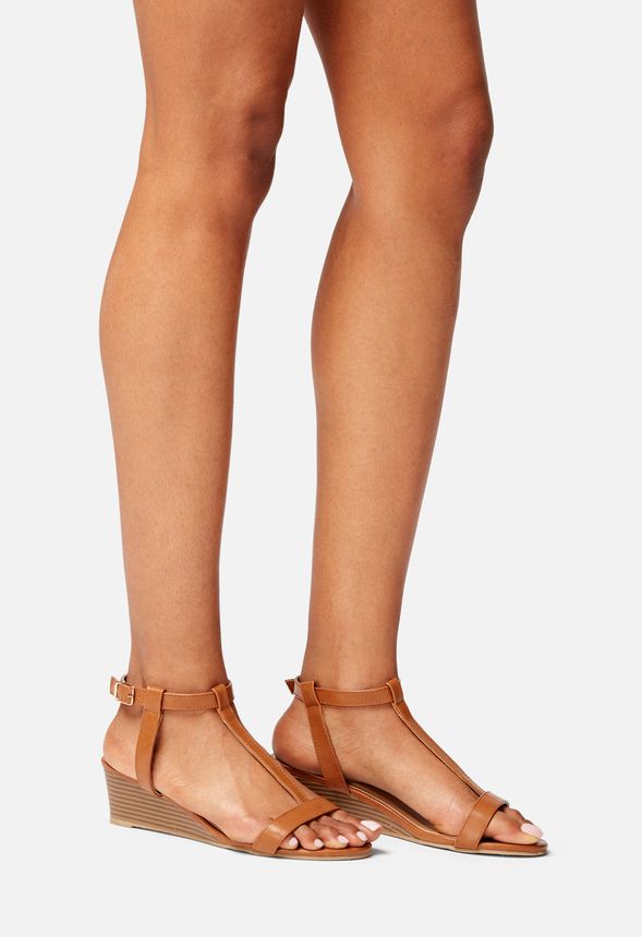 Iris T Strap Wedge Sandal In Cognac Get Great Deals At Justfab