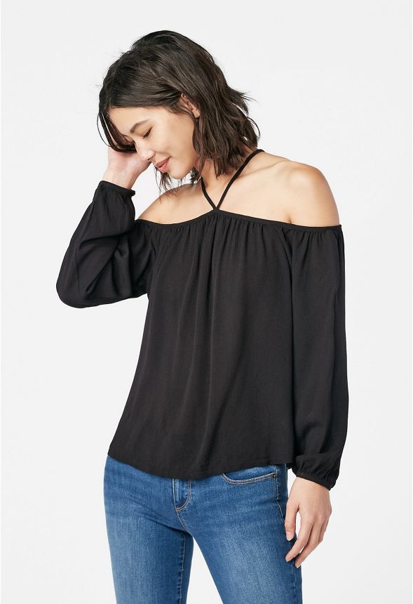 Textured Cold Shoulder Top in Black - Get great deals at JustFab