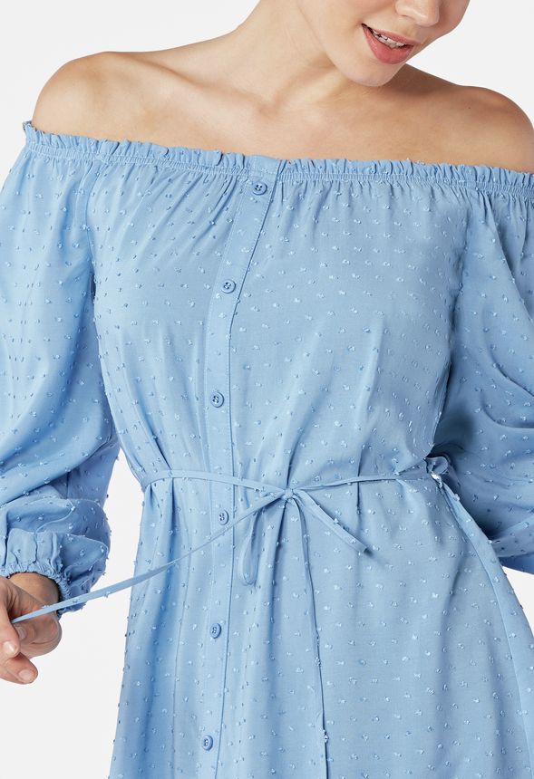 Off Shoulder Button Front Top in CHAMBRAY - Get great deals at JustFab