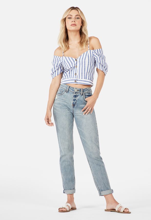 Stripe Cold Shoulder Top in Blue/White Multi - Get great deals at JustFab